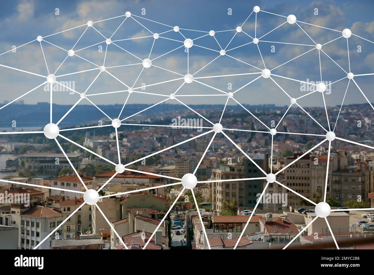 Machine learning concept. Digital web over blurred cityscape Stock ...