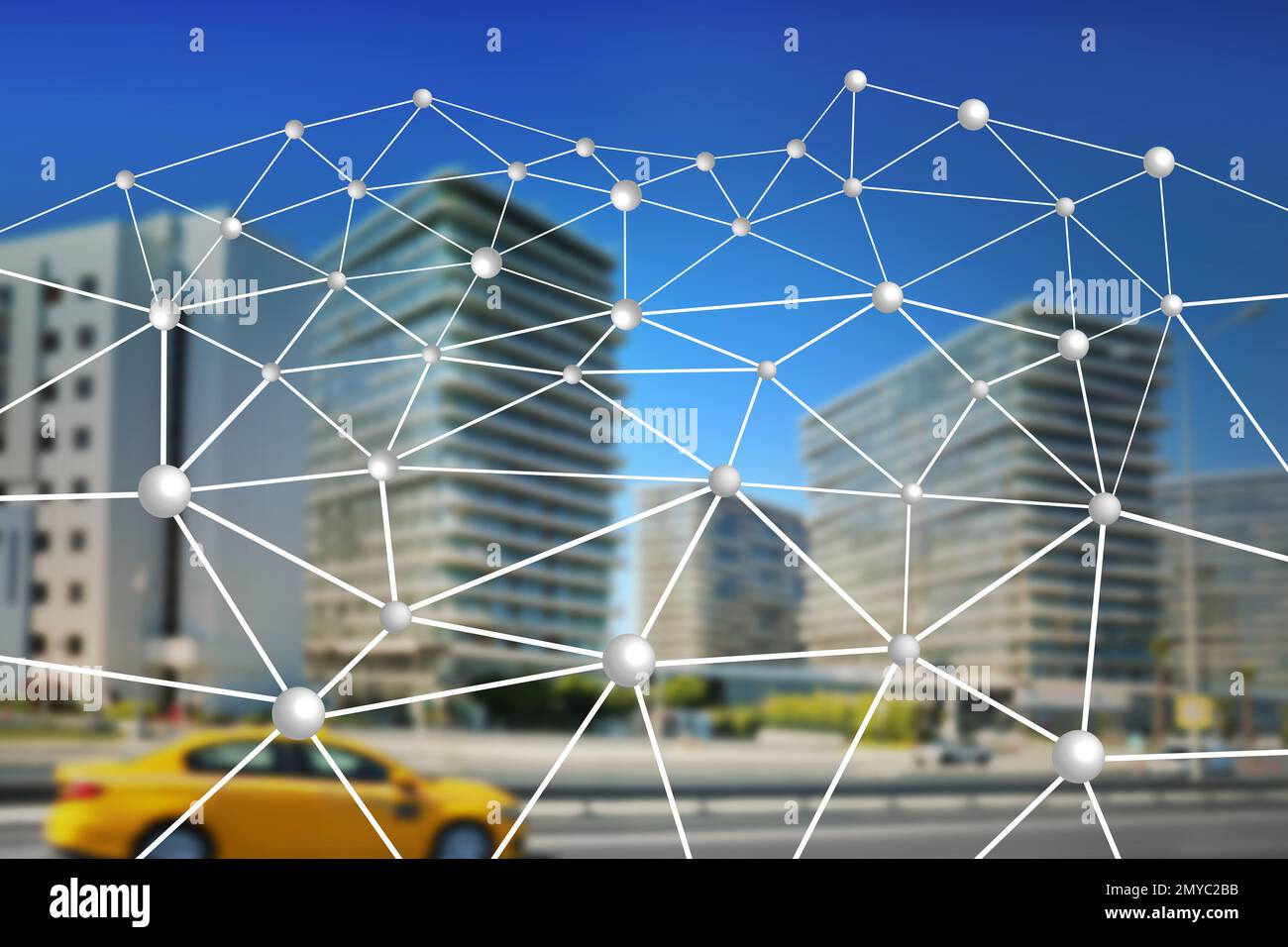 Machine learning concept. Digital web over blurred cityscape Stock ...