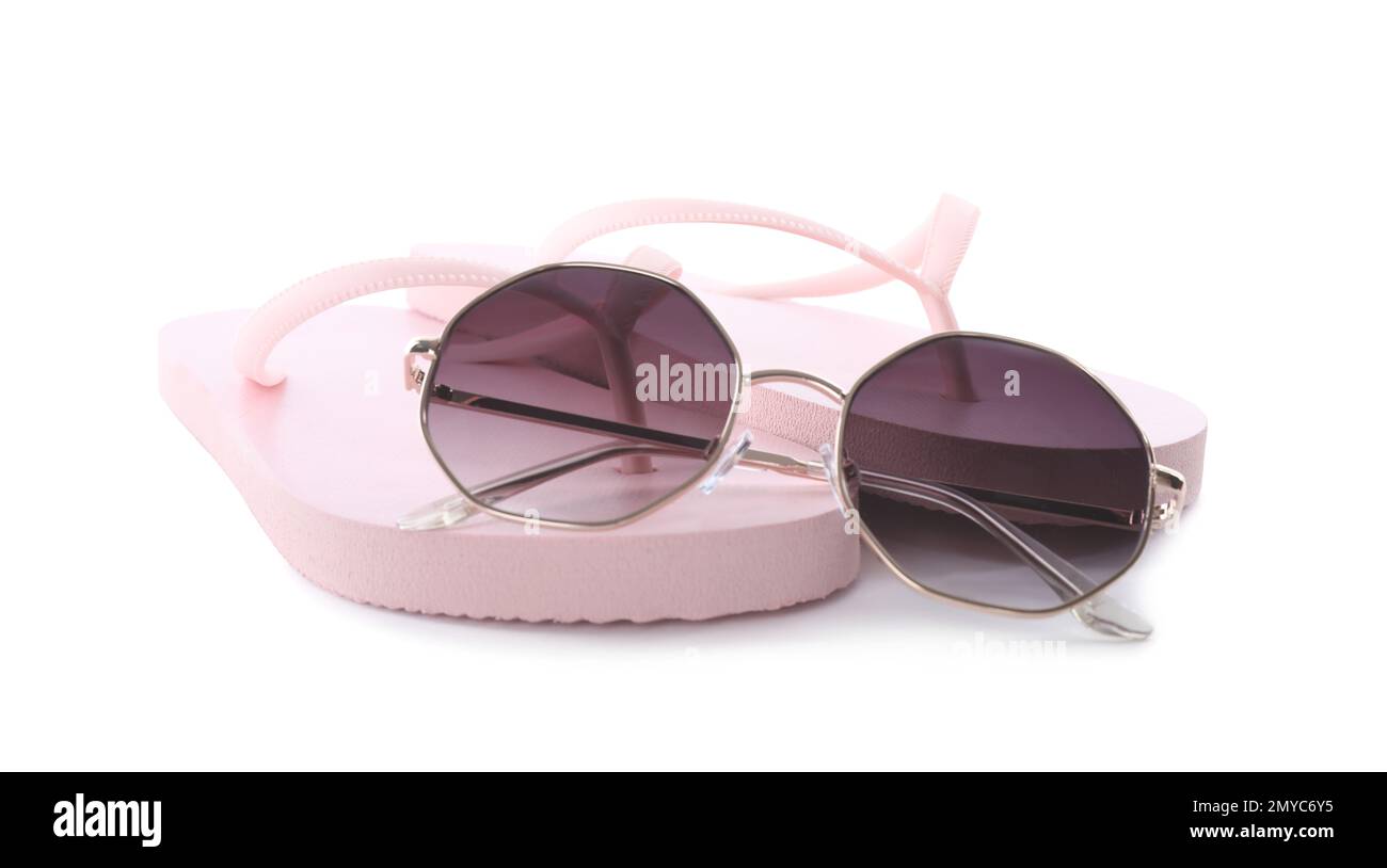 Flip flops and sunglasses on white background. Beach objects Stock ... Flip flops and sunglasses on white background. Beach objects Stock ...