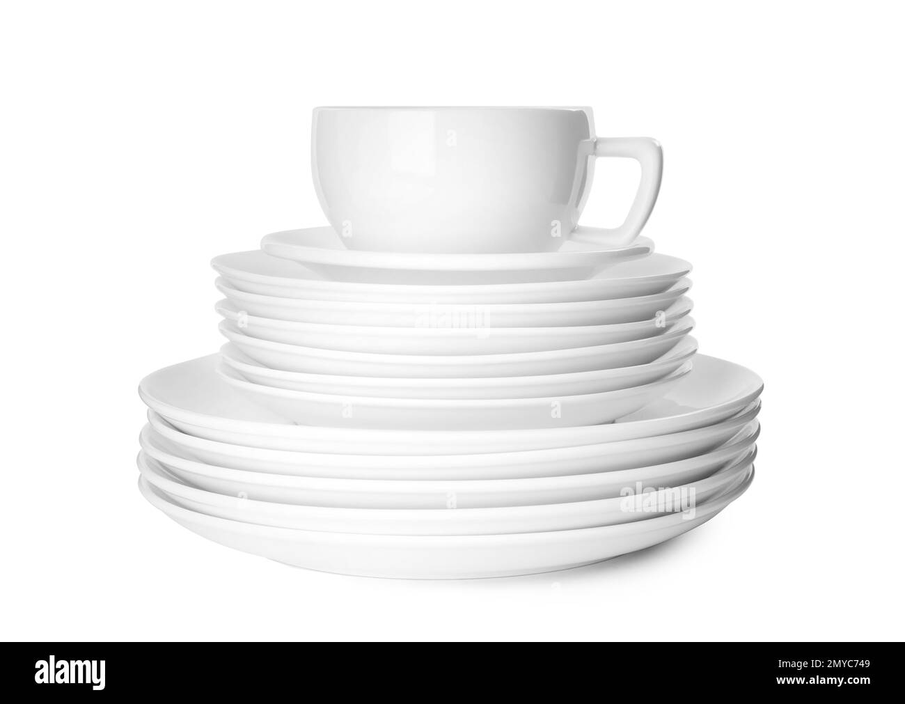 Stack of clean tableware isolated on white Stock Photo - Alamy