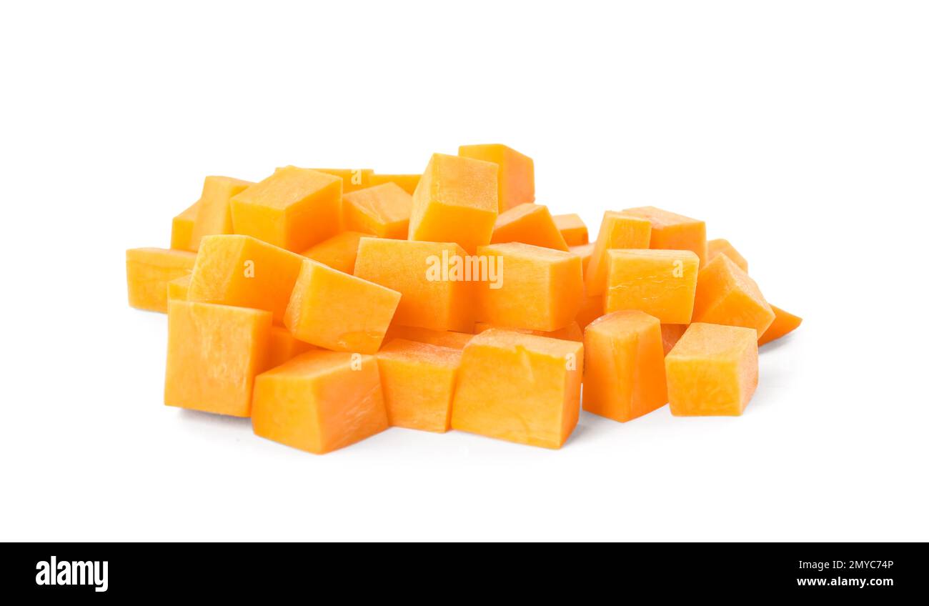 Cubes of fresh ripe carrot isolated on white Stock Photo - Alamy