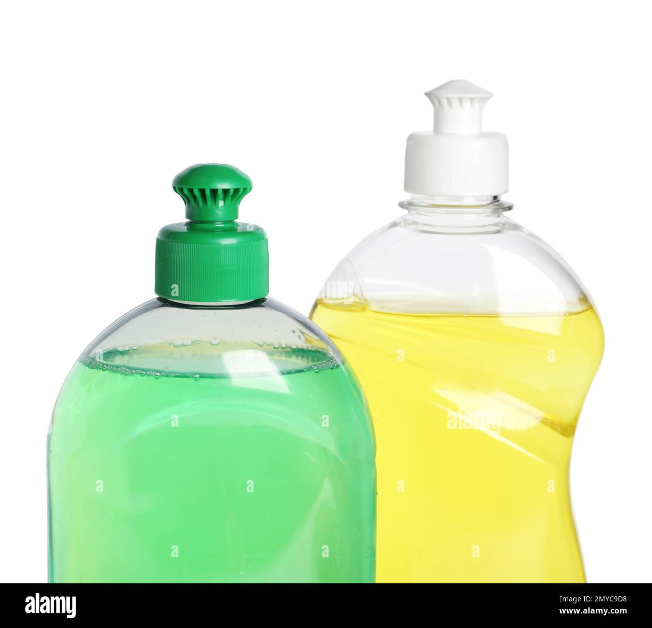 Bottles with different detergents on white background Stock Photo - Alamy