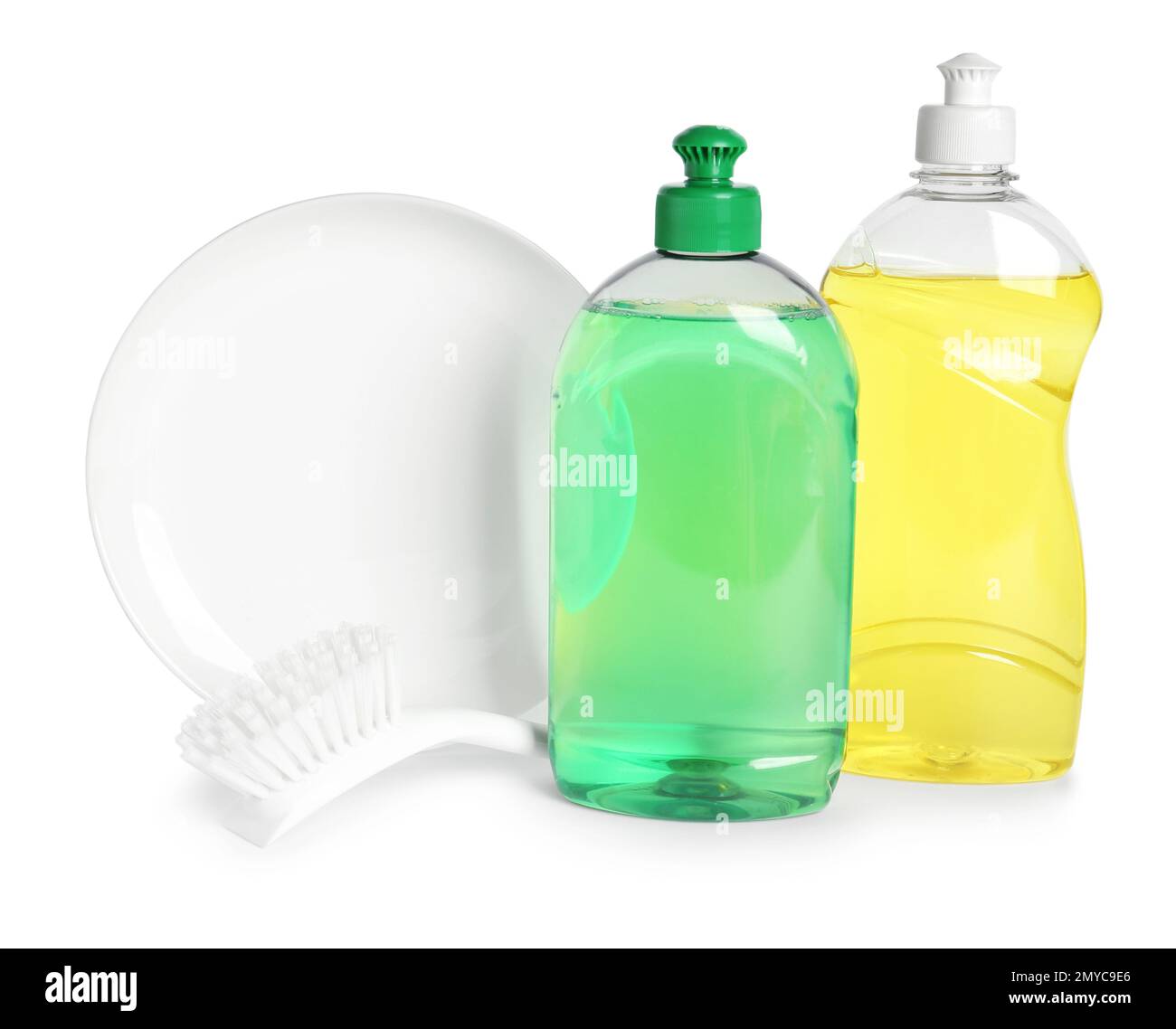 Detergents, brush and plate on white background. Clean dishes Stock ...