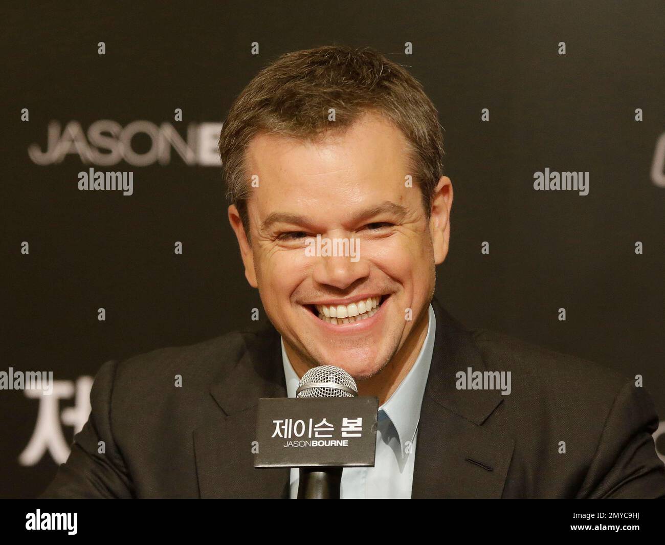 Actor Matt Damon smiles during a press conference to promote of his new ...