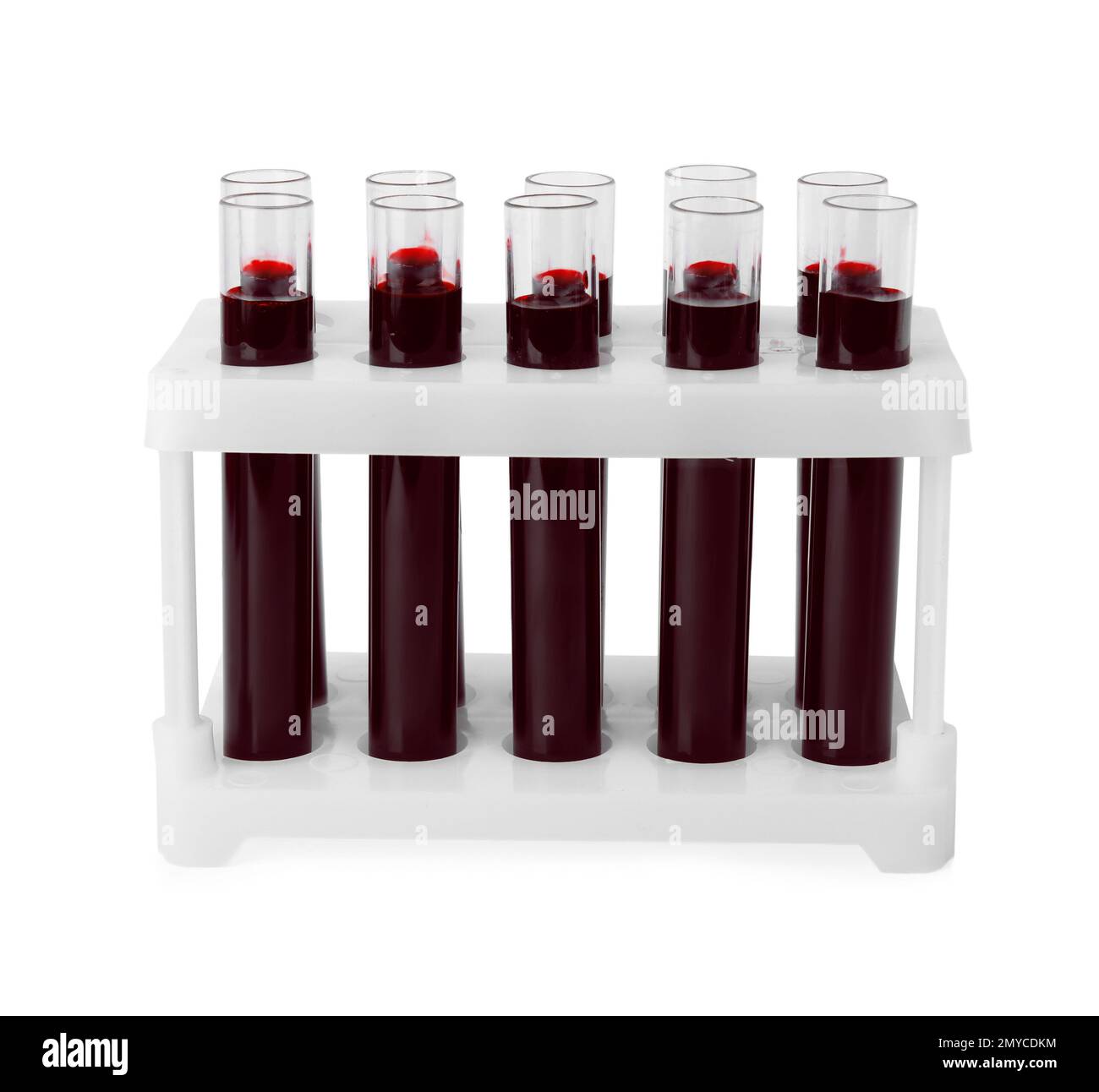 Test tubes with blood samples in rack on white background. Laboratory ...