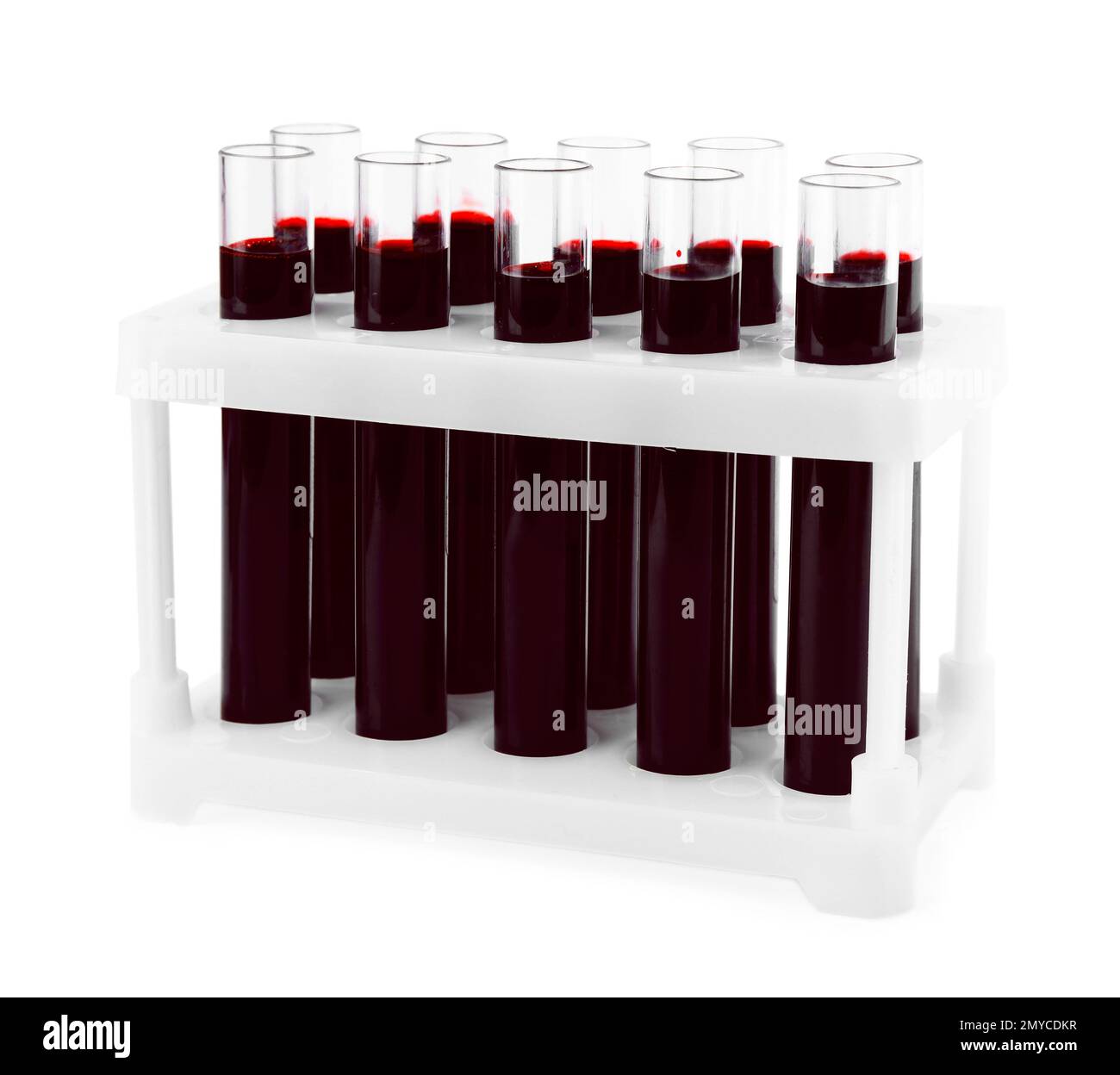 Test tubes with blood samples in rack on white background. Laboratory ...