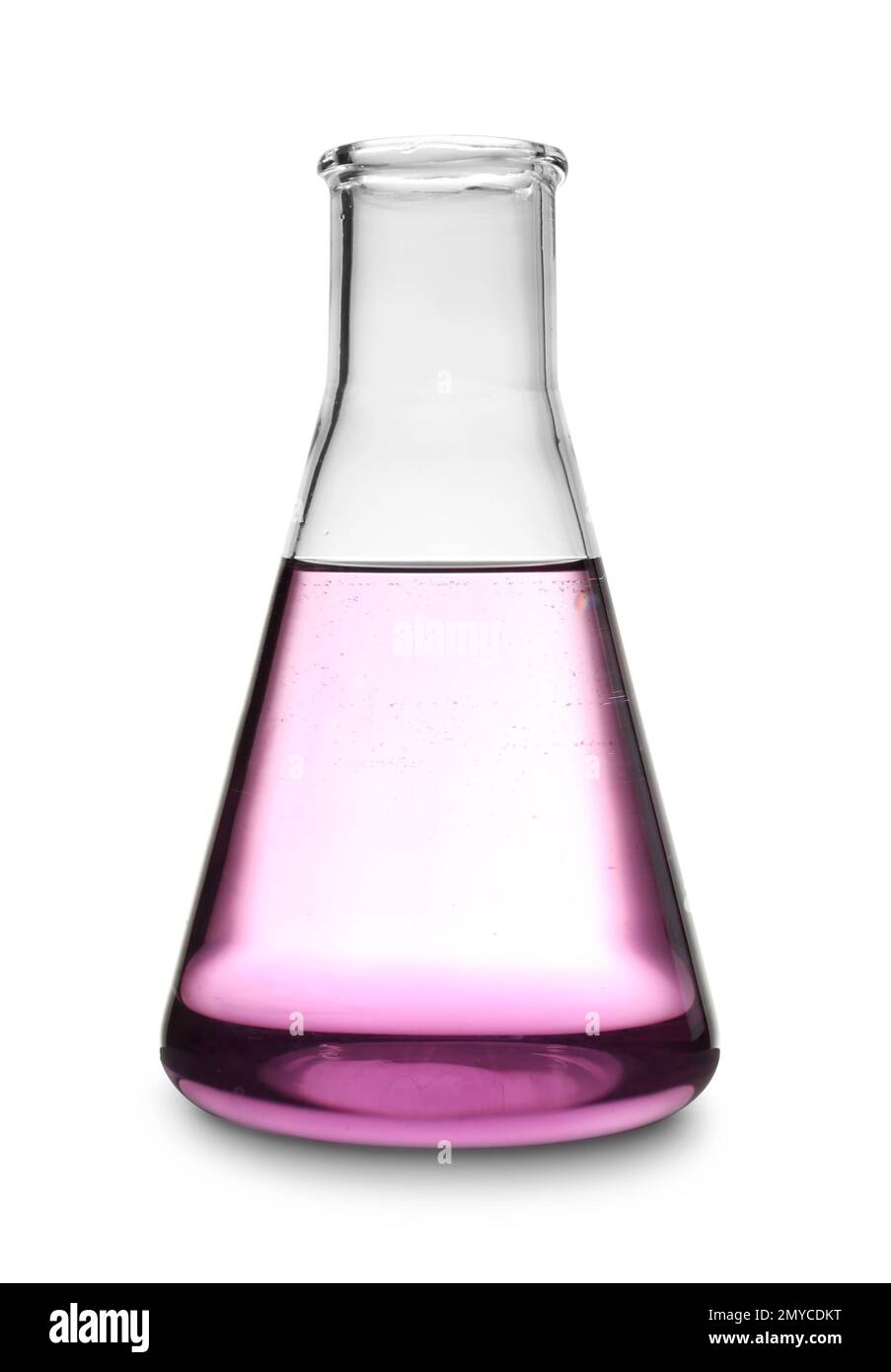 Glass conical flask with purple liquid sample isolated on white ...