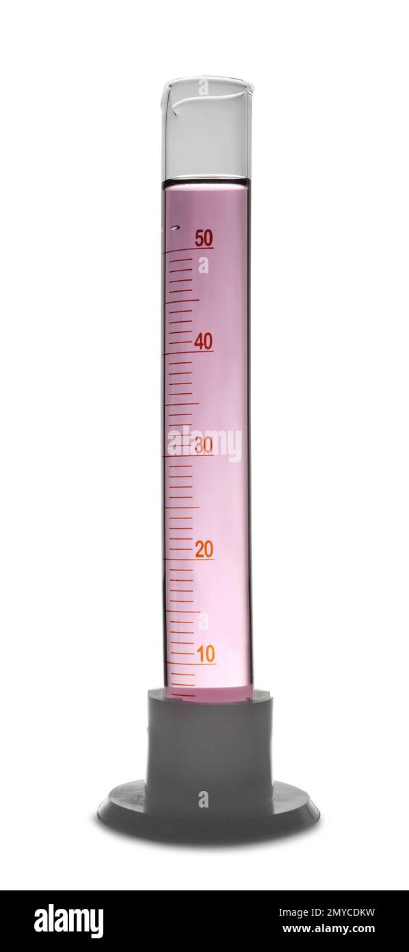Glass graduated cylinder with color liquid sample isolated on white ...