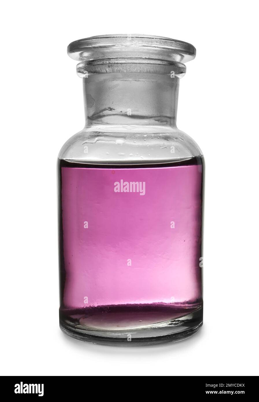Glass apothecary bottle with purple liquid sample isolated on white ...