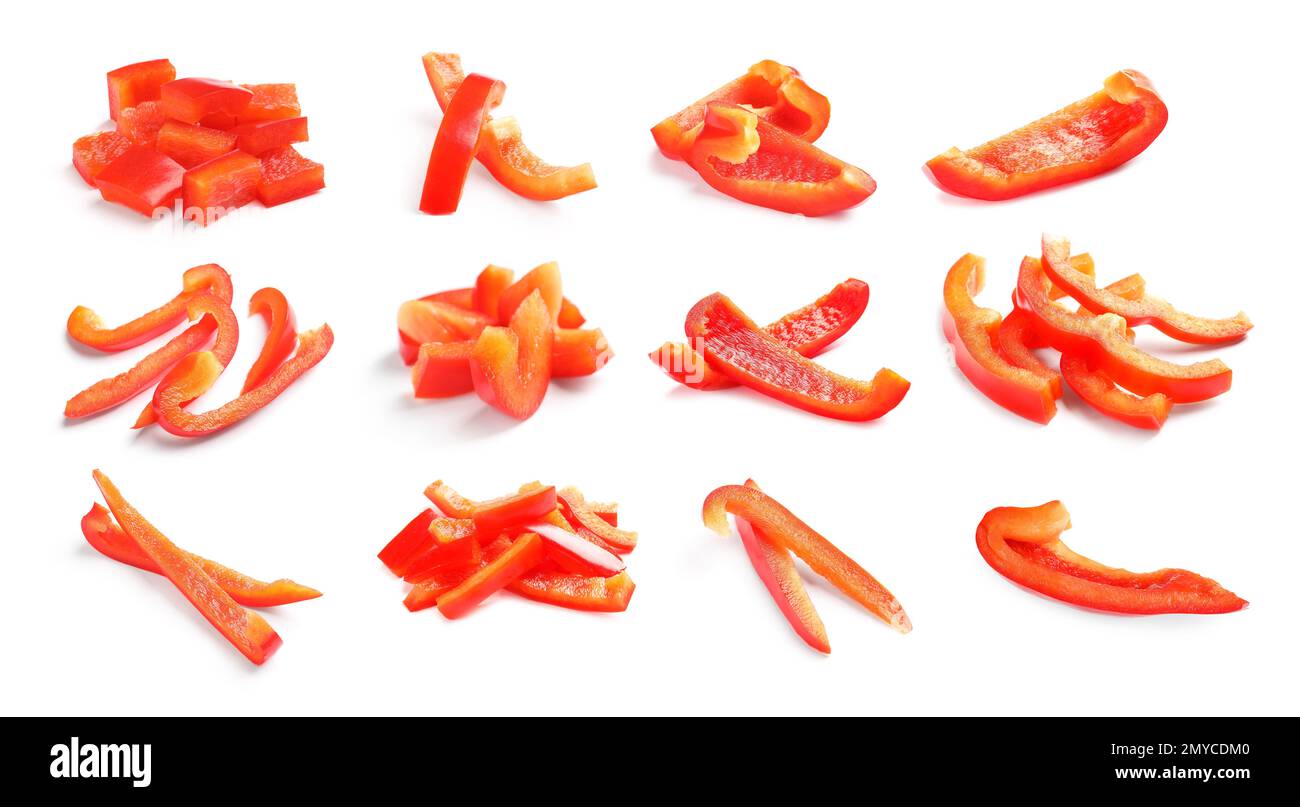 Collage with cut red bell peppers on white background Stock Photo - Alamy
