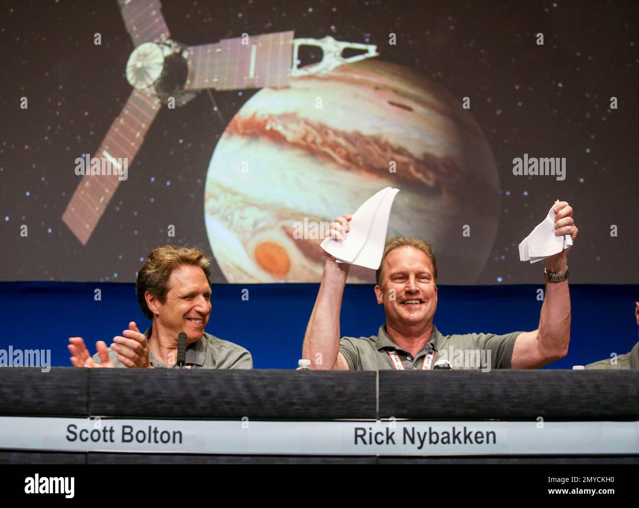 Scott Bolton, left, and Rick Nybakken, in a post-orbit insertion ...