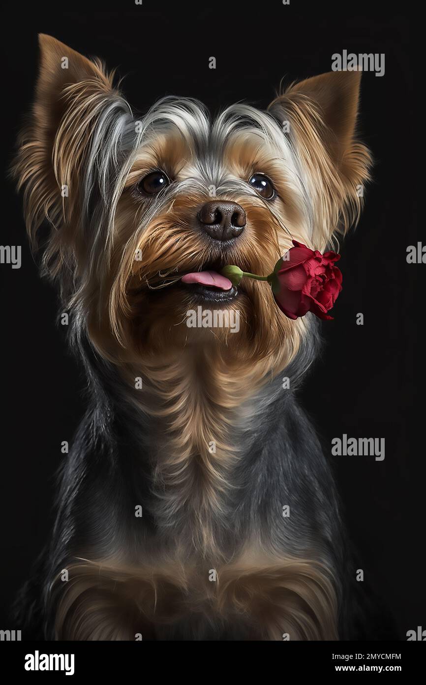 Portrait of a Yorkshire Terrier dog holding a red rose in its mouth ...