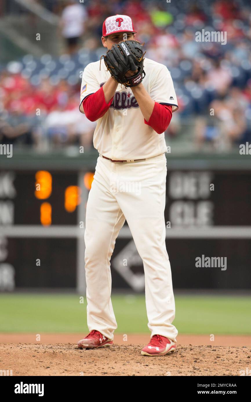 Philadelphia Phillies starting pitcher Jerad Eickhoff looks on during the fourth inning of a ...