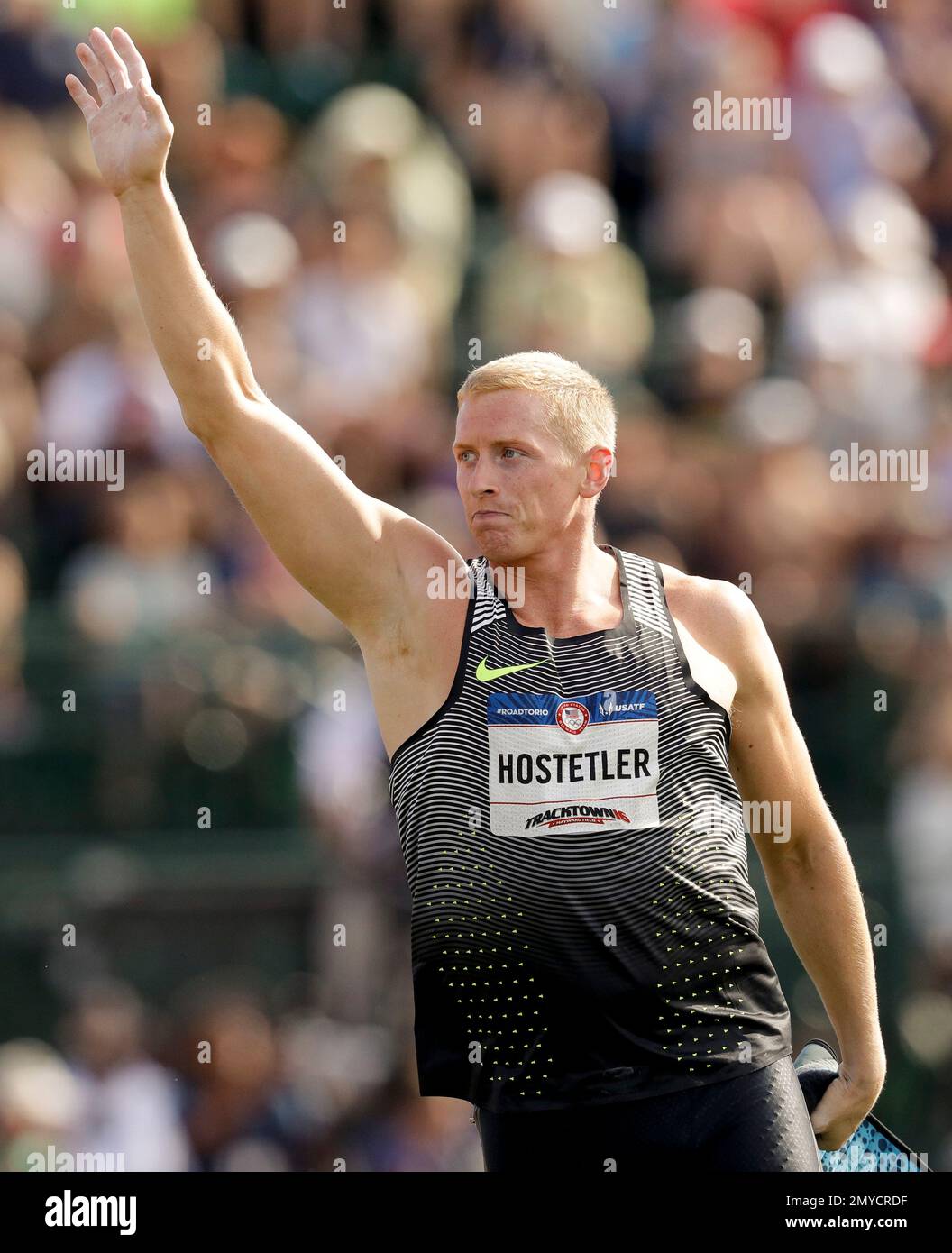 Cyrus Hostetler waves after winning the men's javelin throw final at ...