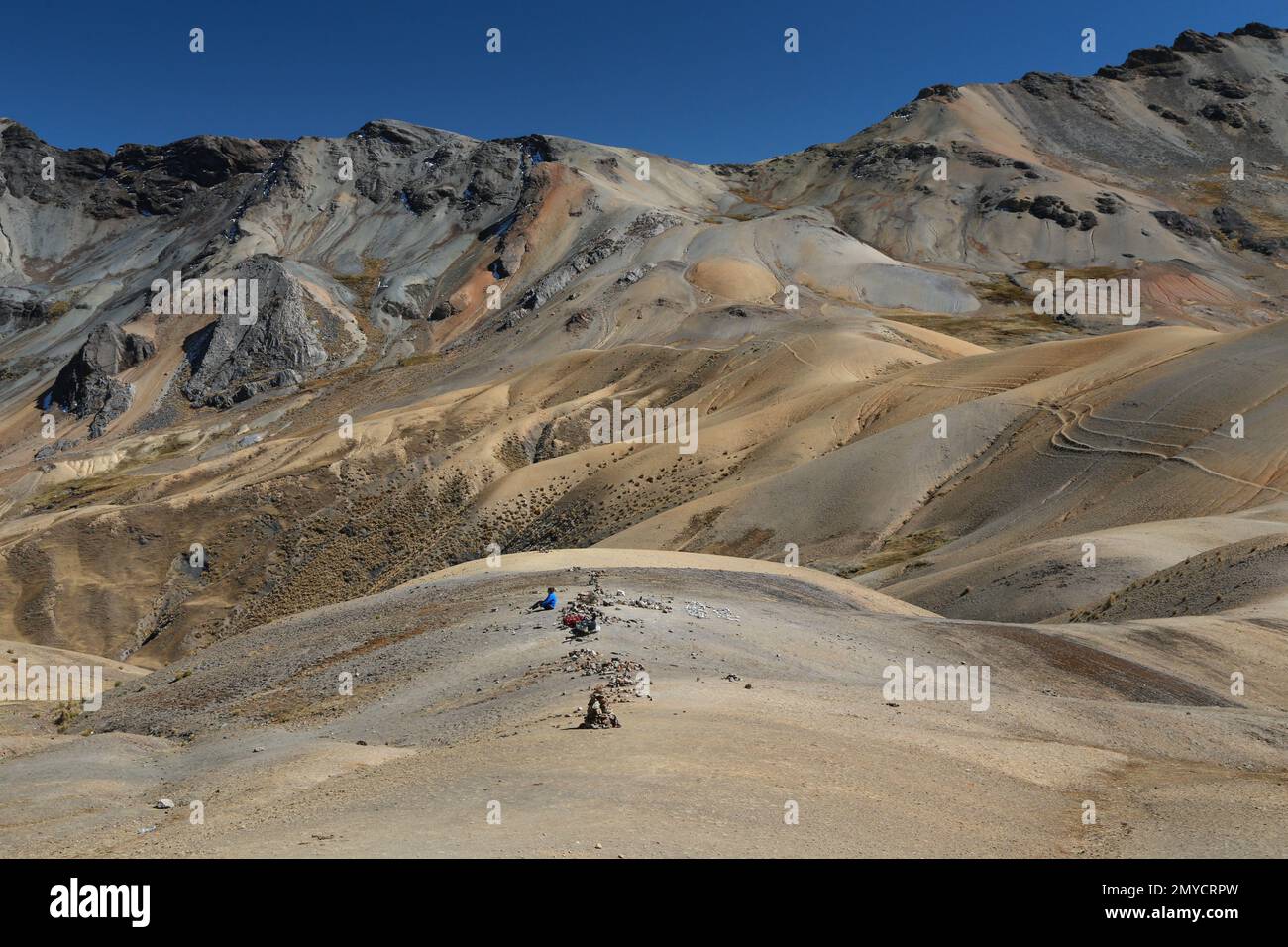 Colourful mountain landscapes in Andes with a tourist relaxing and ...