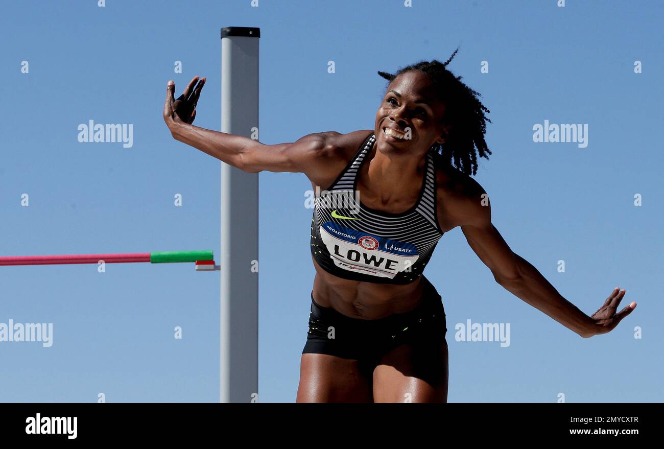 Chaunte Lowe reacts during the women’s high jump final at the U.S ...