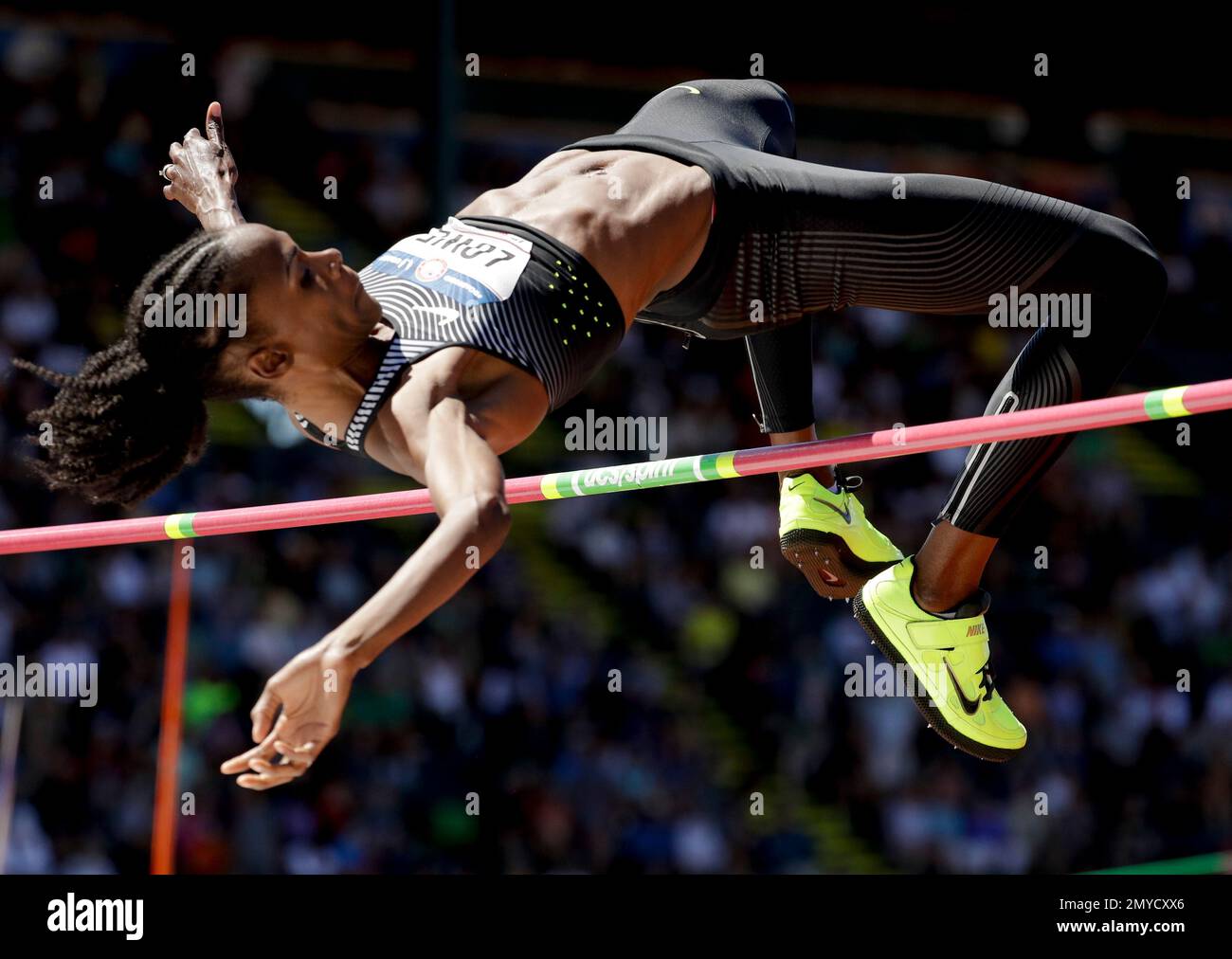 Chaunte Lowe clears the bar during the women’s high jump final at the U ...