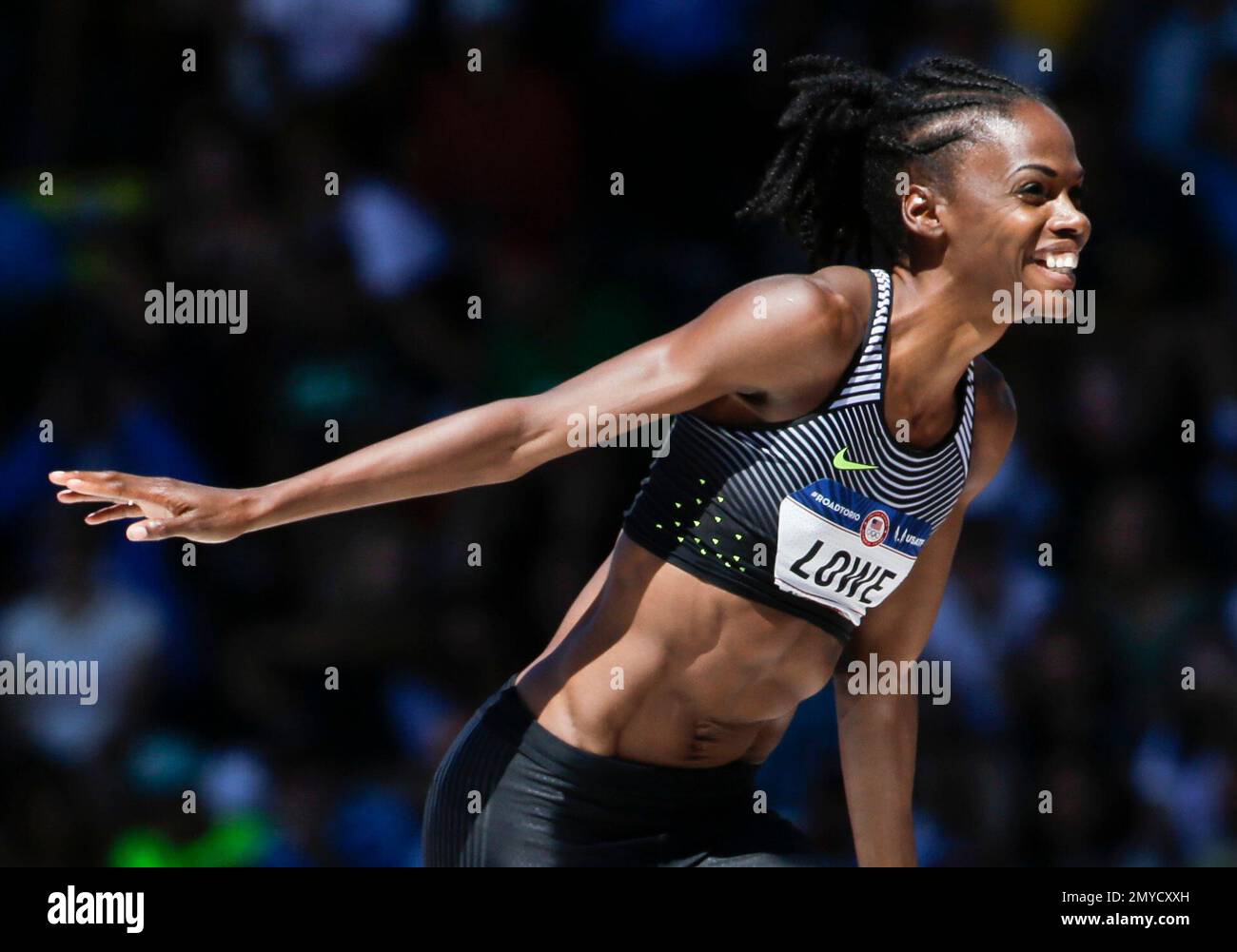 Chaunte Lowe reacts during the women’s high jump final at the U.S ...