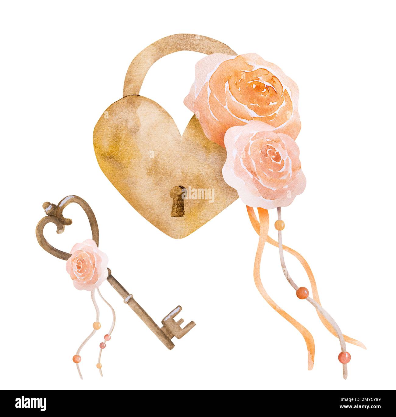 Heart lock with key and rose flowers Stock Photo - Alamy