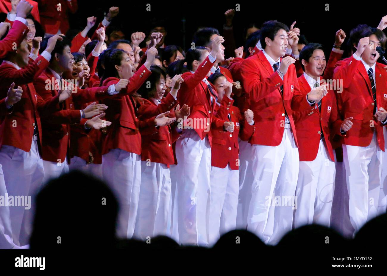 Japan national team members cheer during a send off ceremony of Japan ...