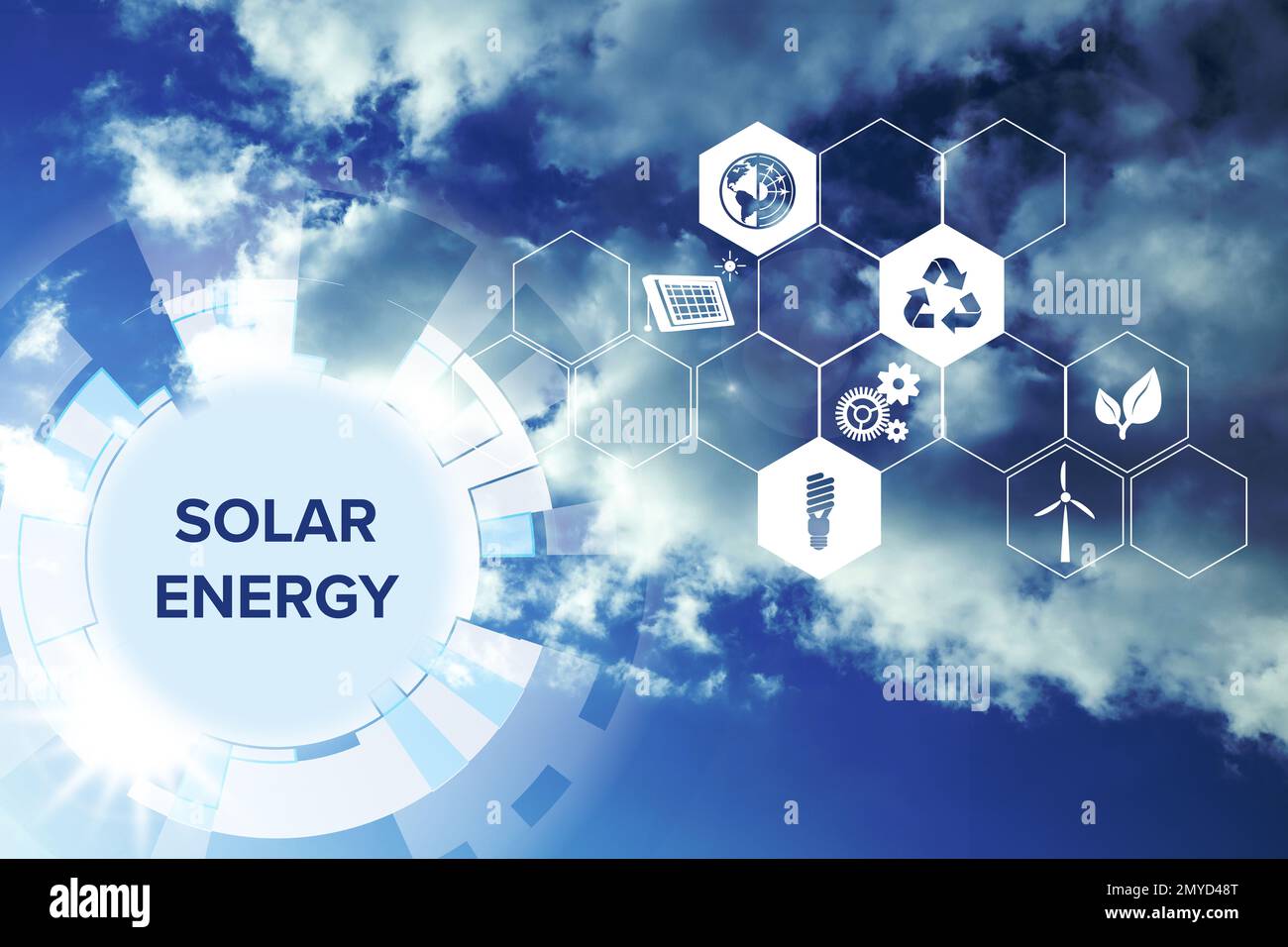 Solar energy concept. Scheme with icons and sky on background Stock ...