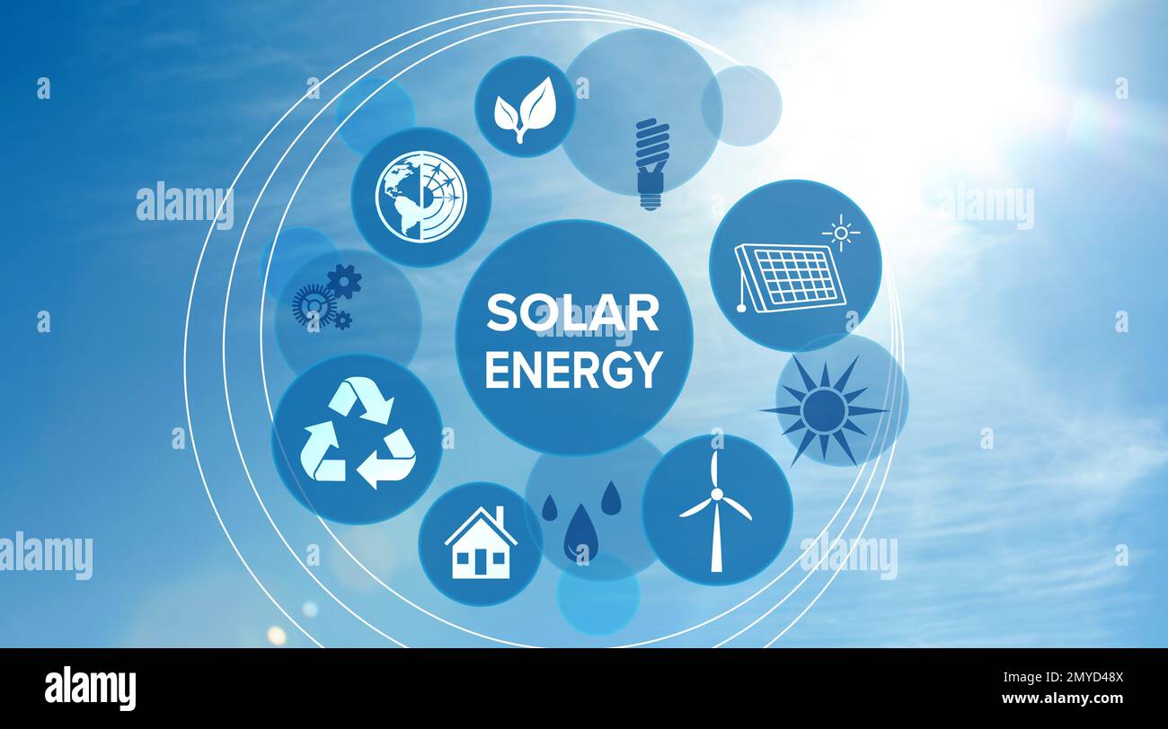 Solar energy concept. Scheme with icons and sky on background Stock ...