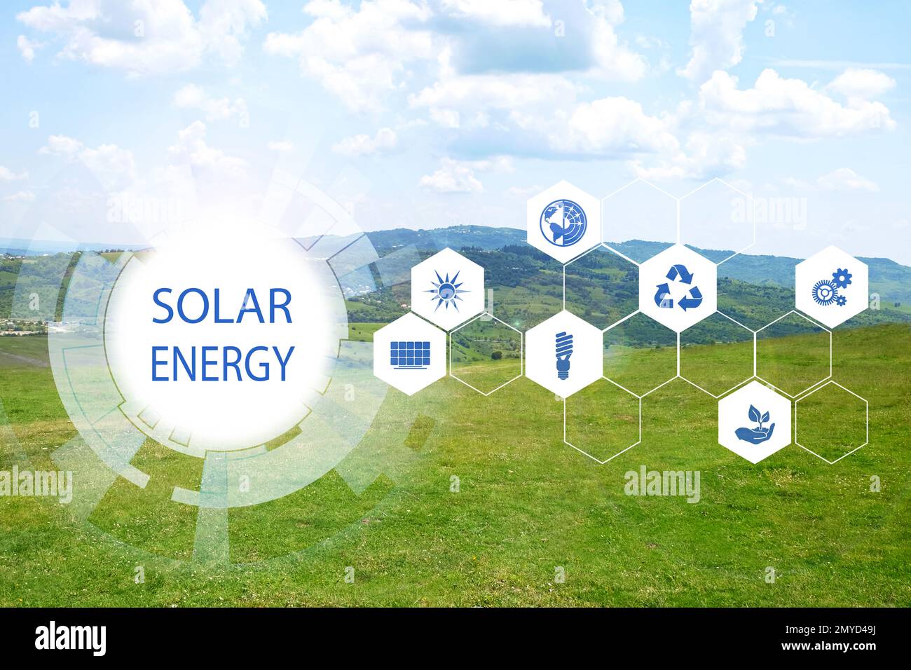 Solar energy concept. Scheme with icons and mountain landscape on ...