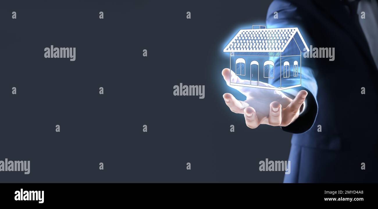 Real estate agent demonstrating house illustration on dark background ...