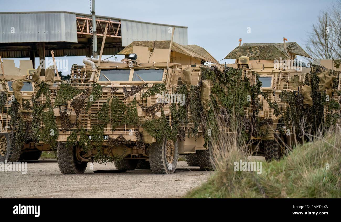 close-up of several British army Mastiff protected patrol vehicles ...