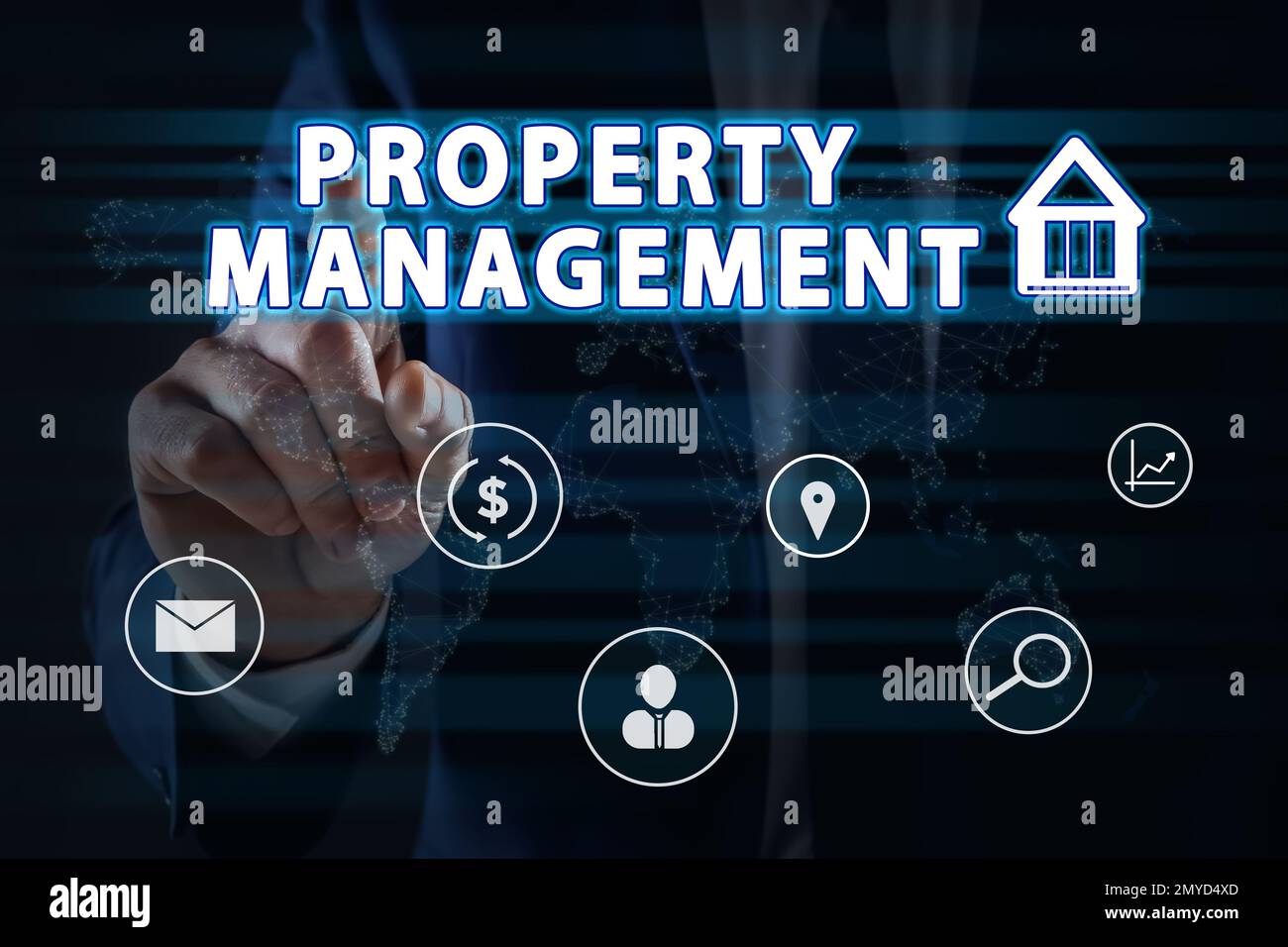 Property management concept. Man using virtual screen with icons ...