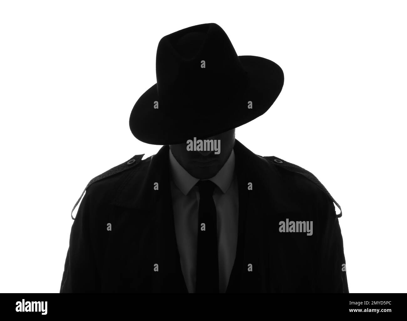 Old fashioned detective in hat on white background Stock Photo - Alamy