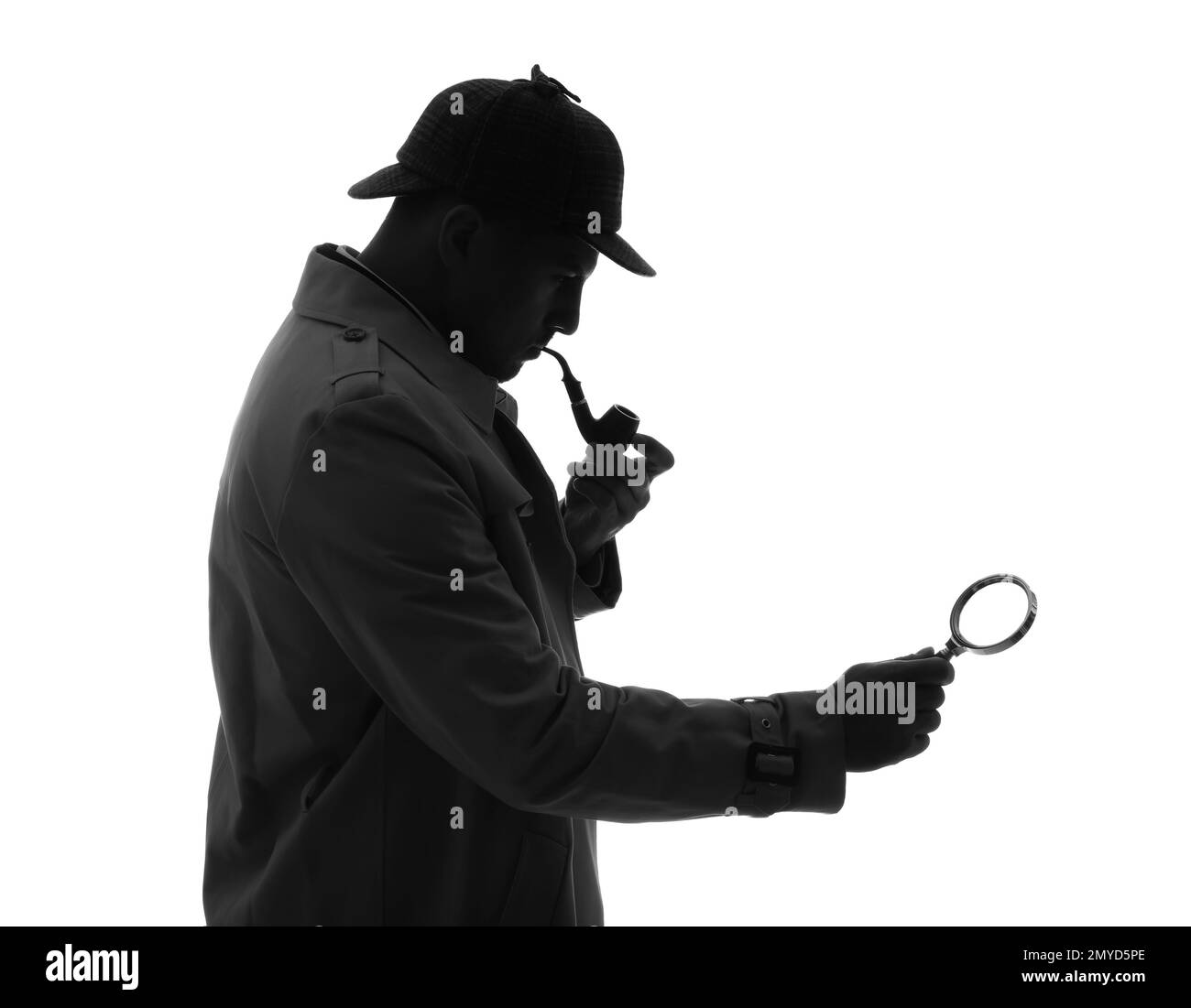 Old fashioned detective with smoking pipe and magnifying glass on white ...