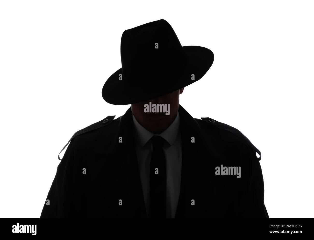 Old fashioned detective in hat on white background Stock Photo - Alamy