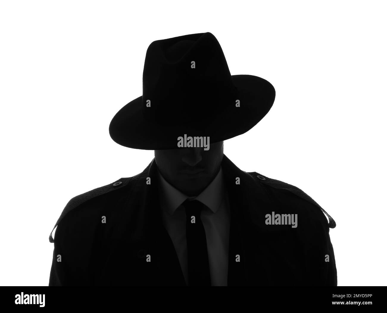 Old fashioned detective in hat on white background Stock Photo - Alamy