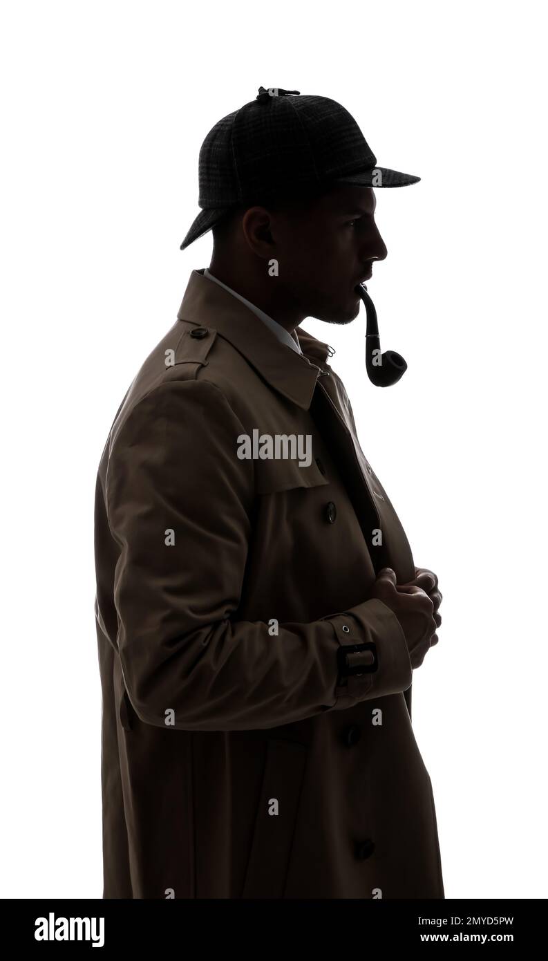 Old fashioned detective with smoking pipe on white background Stock ...