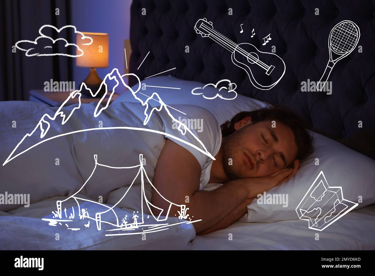 Young man dreaming about adventure while sleeping. Camping related ...