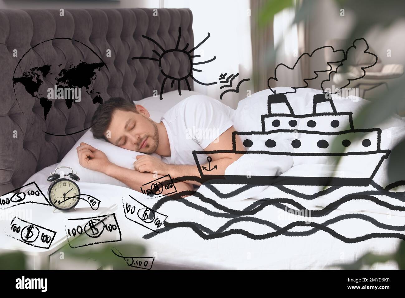 Sweet dreams. Man sleeping in bed. Ship, money and other illustrations ...