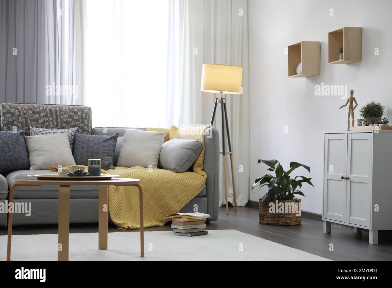 Elegant living room with comfortable sofa near window. Interior design ...