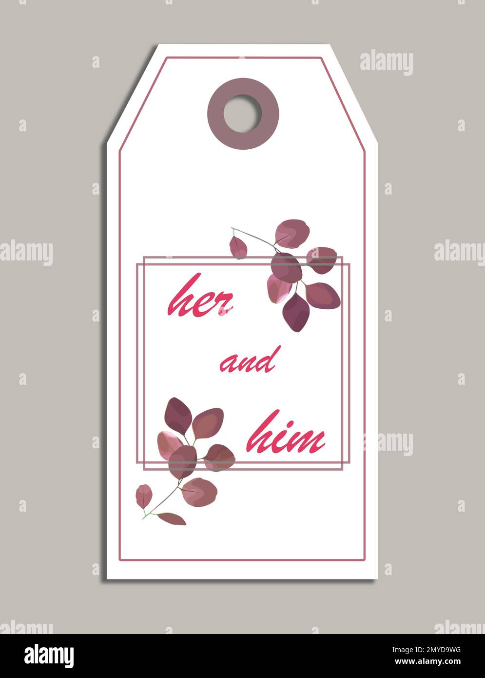 Wedding Her and Him tag with floral design on grey background, top view ...