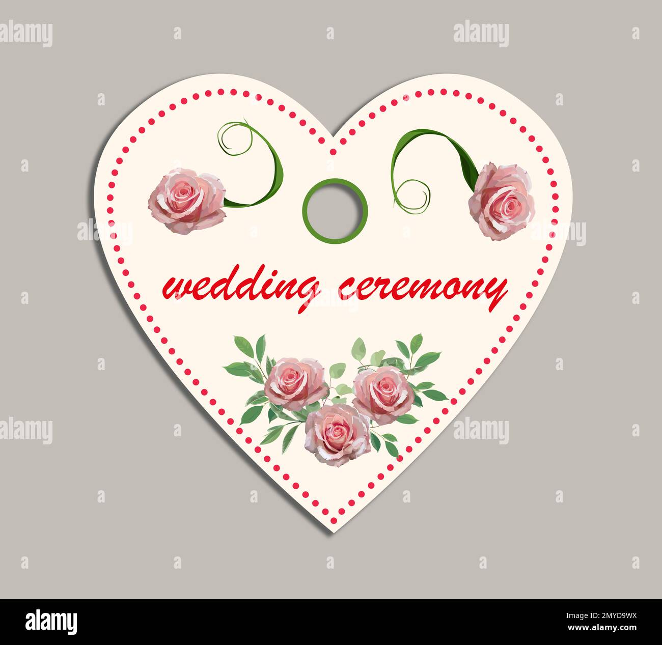 Wedding ceremony tag with floral design on grey background, top view ...