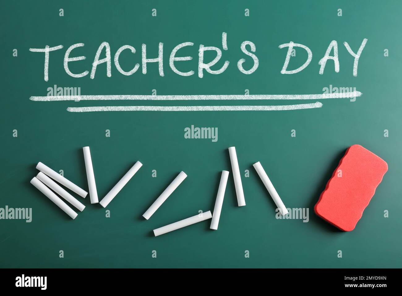 Text Teacher's Day and chalk with duster on greenboard, flat lay ...