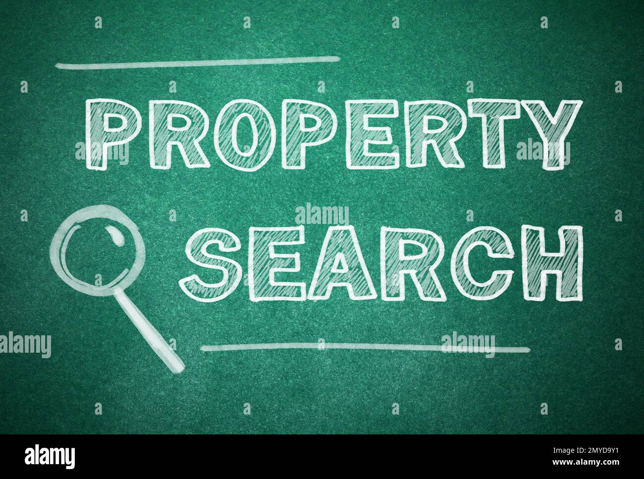 Text Property Search and magnifier illustration on green chalkboard ...