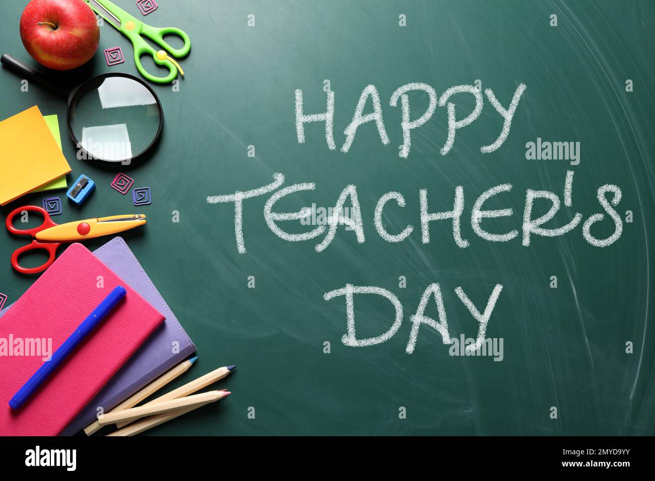 Text Happy Teacher's Day and different school stationery on green ...
