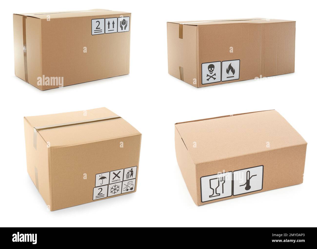 Set of cardboard boxes with packaging symbols on white background Stock ...