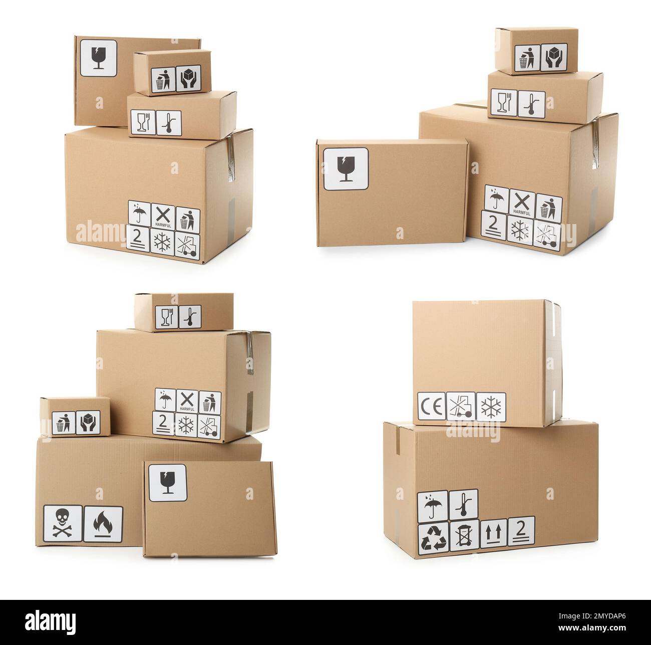 Set of cardboard boxes with packaging symbols on white background Stock ...