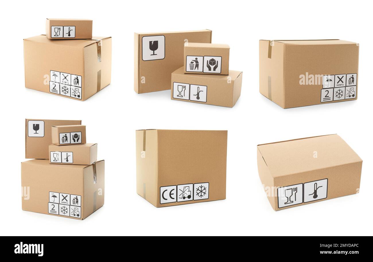 Set of cardboard boxes with packaging symbols on white background Stock ...