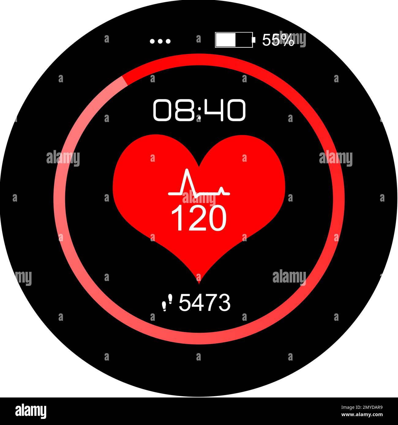 Smart watch displaying heart rate and steps amount in health monitor ...