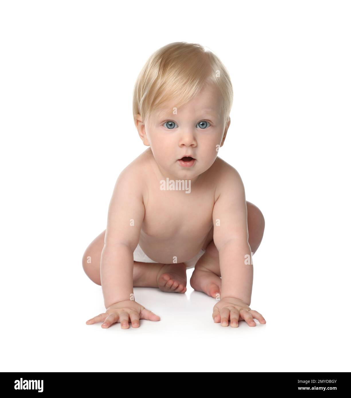 Cute little baby in diaper on white background Stock Photo - Alamy