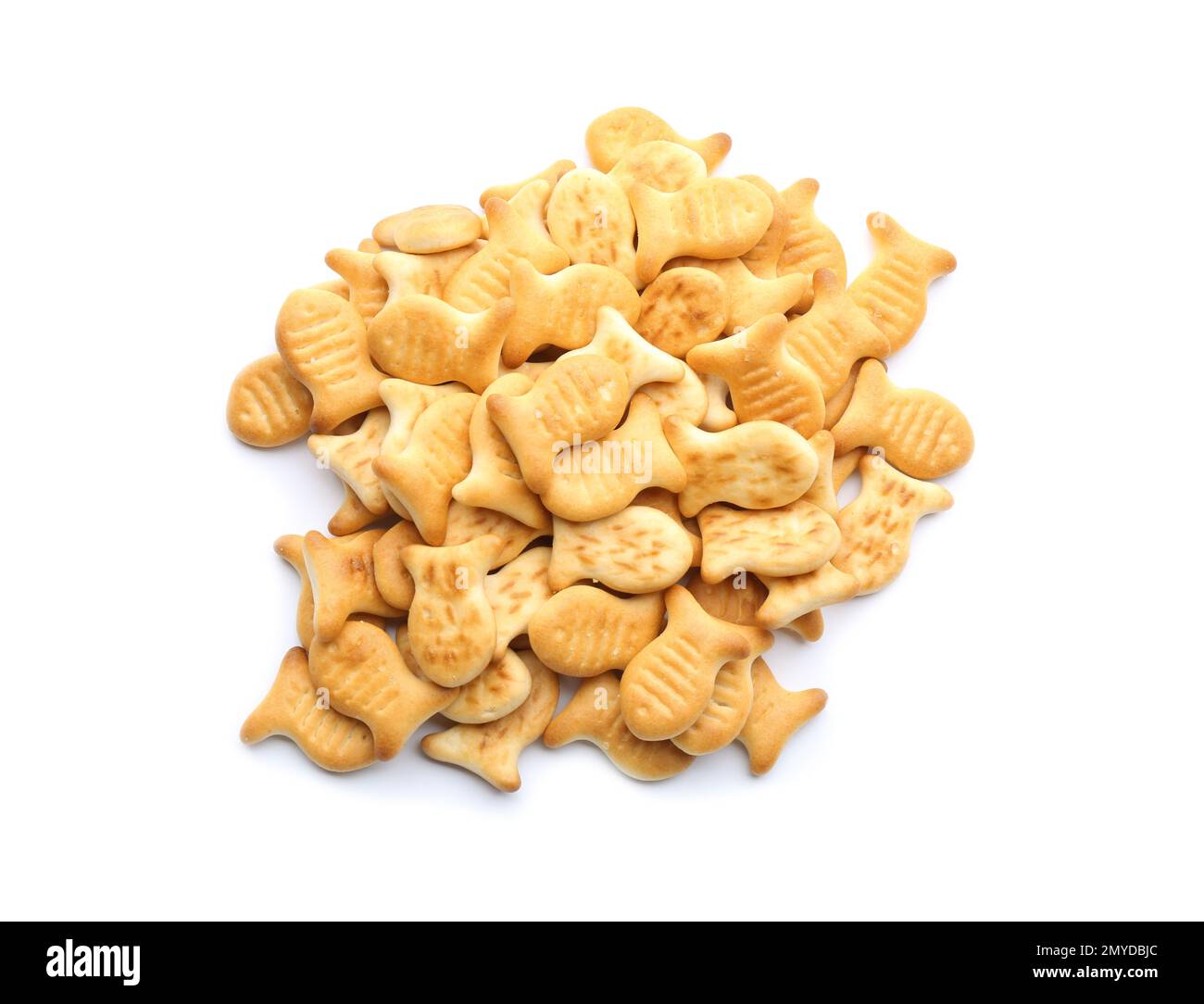 Delicious crispy goldfish crackers on white background, top view Stock ...