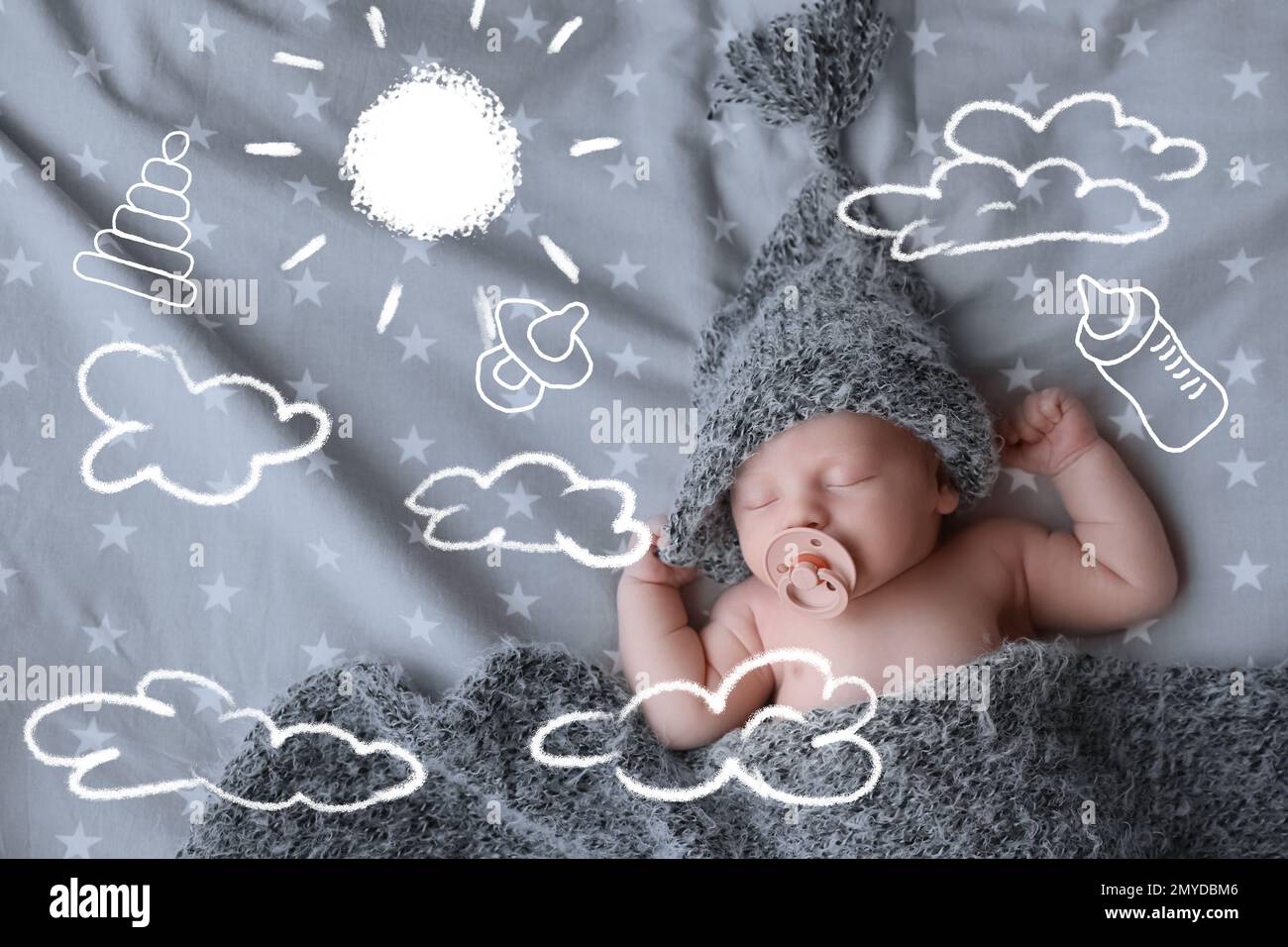 Sweet dreams. Cute little child sleeping, above view. Clouds, sun and ...
